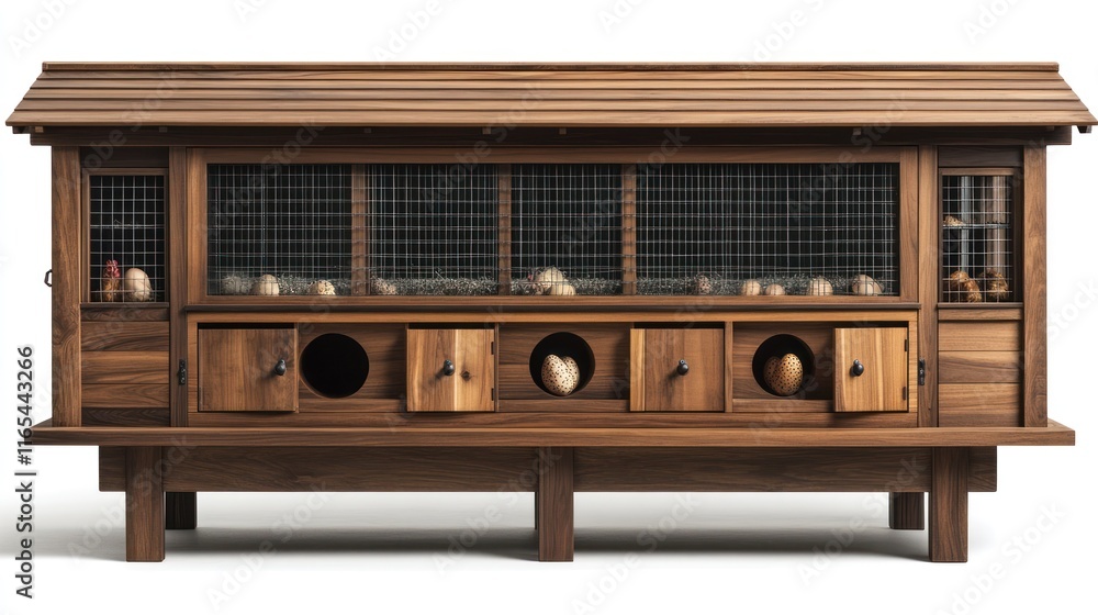 Elegant wooden hen house with nesting boxes and wire mesh. Stock Photo ...