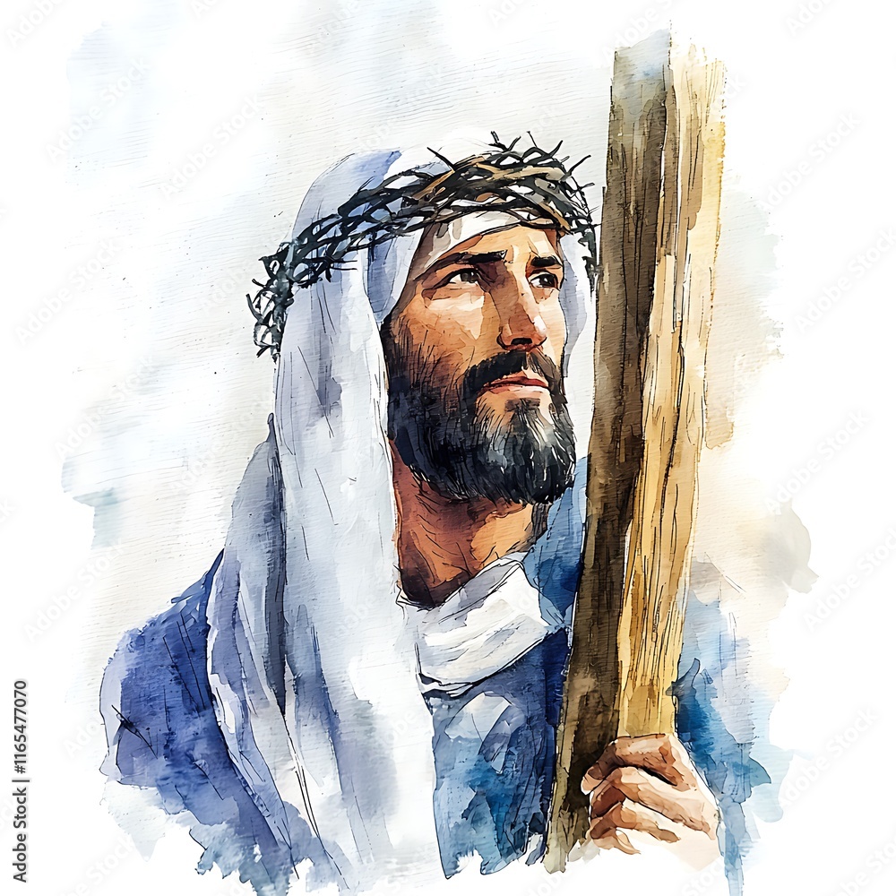 Watercolor Painting of Jesus Christ Carrying the Cross, Depicting Faith ...