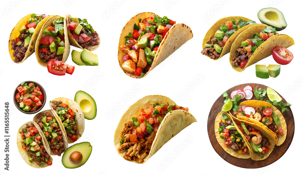 Collection of Mexican hard soft shell tacos tortilla, with different ...