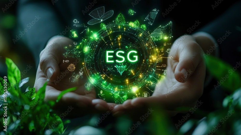 Businessman analyze investment sustainability ESG icons. ESG ...