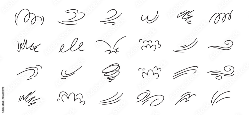 Doodle line wind moving set. Breath of the typhoon. Flat wind moves ...