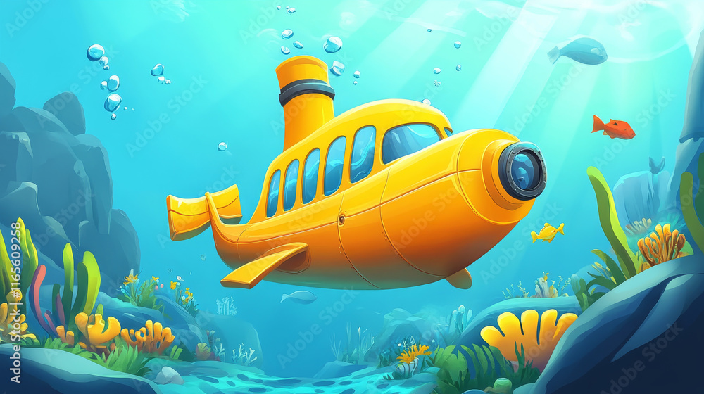 Ilustración de Stock Cartoon submarine, yellow underwater ship game ...