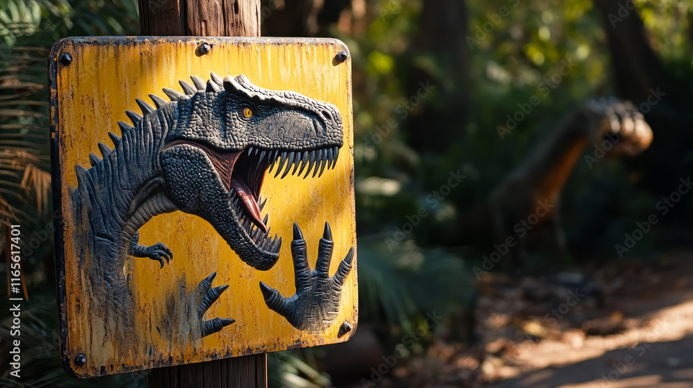 Dinosaur warning sign, danger Spinosaurus silhouette on attention mark ...