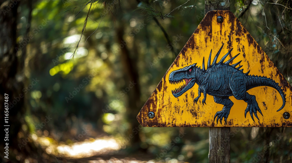 Dinosaur warning sign, danger Spinosaurus silhouette on attention mark ...