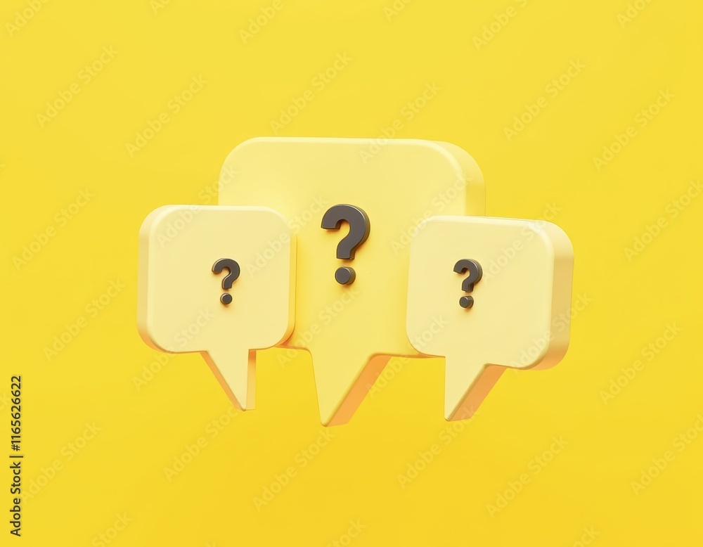 Three yellow speech bubbles with question marks, arranged on a yellow background. A concept ...