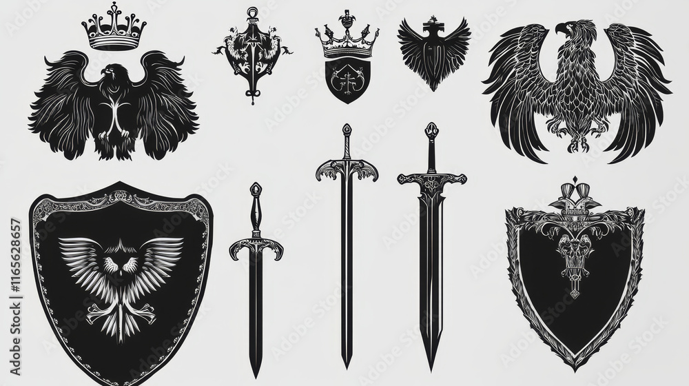 Heraldic symbols vector set. Heraldic elements lions, eagles, shield ...