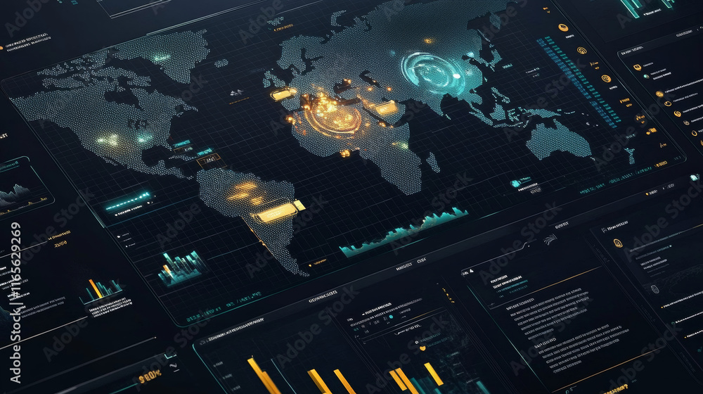 HUD hologram interface, earth digital map infographic charts and graphs, futuristic technology ...