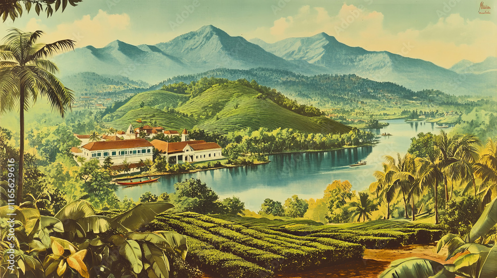Kerala state of India vector vintage travel plate. Indian tea ...