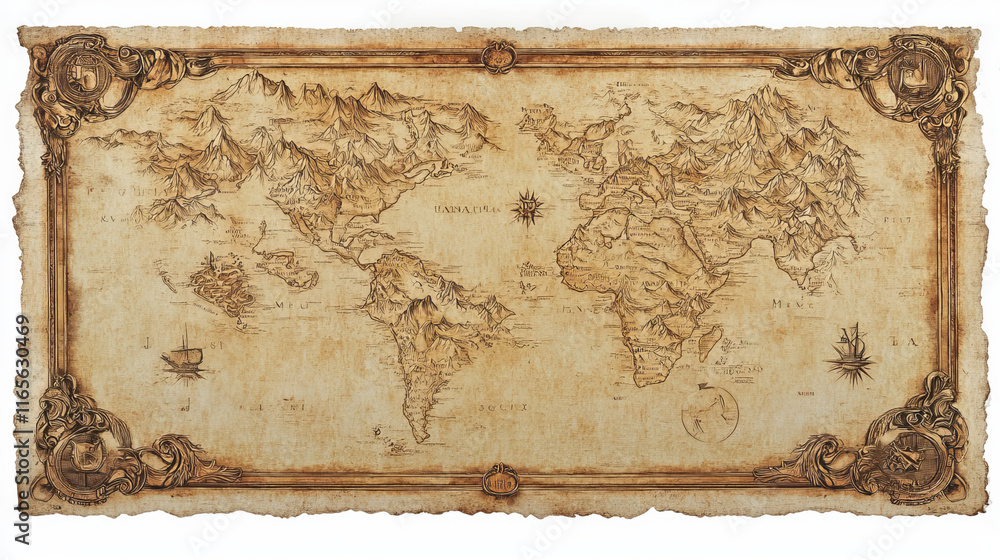 Cartoon pirate vintage paper scroll, old treasure map parchment ...