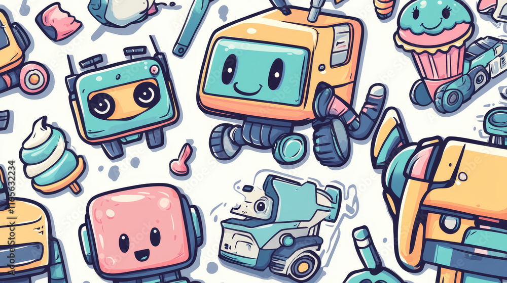 Robot characters stickers of cartoon funny cyborgs and robotic android ...