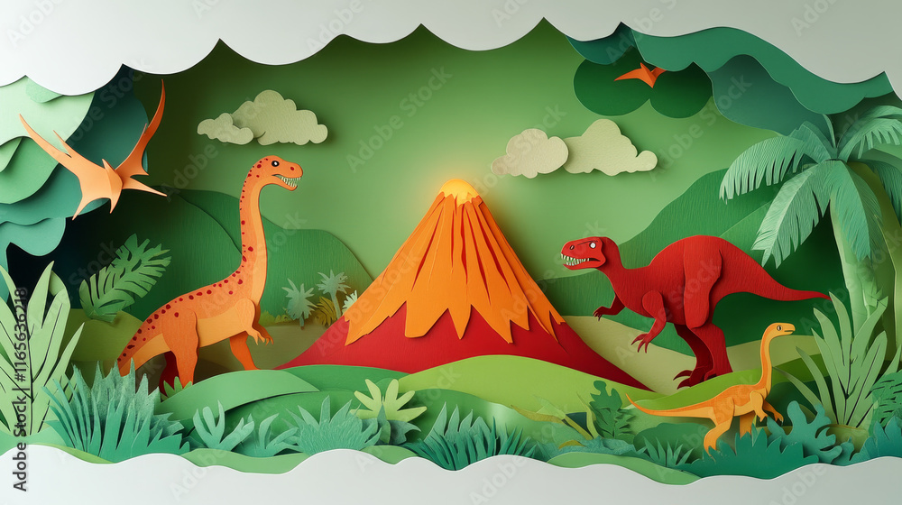 Ilustración de Stock Dino paper cut silhouette with prehistoric ...