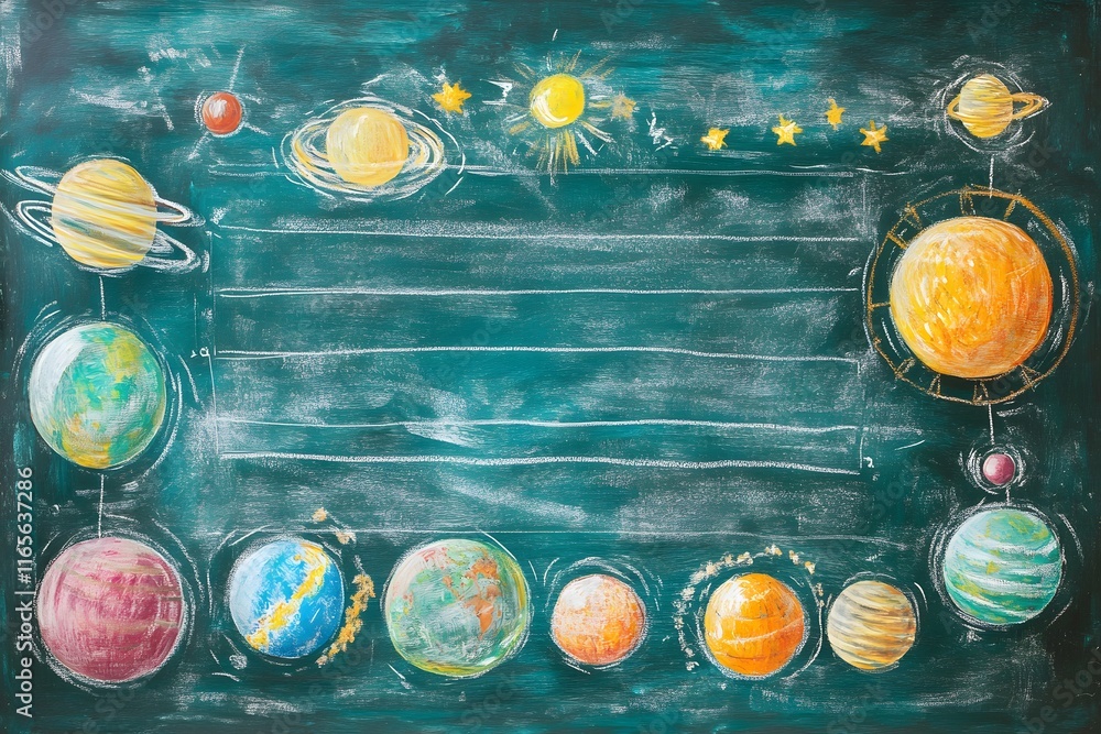 Solar system diagram, drawn on the chalkboard, bright daylight ...