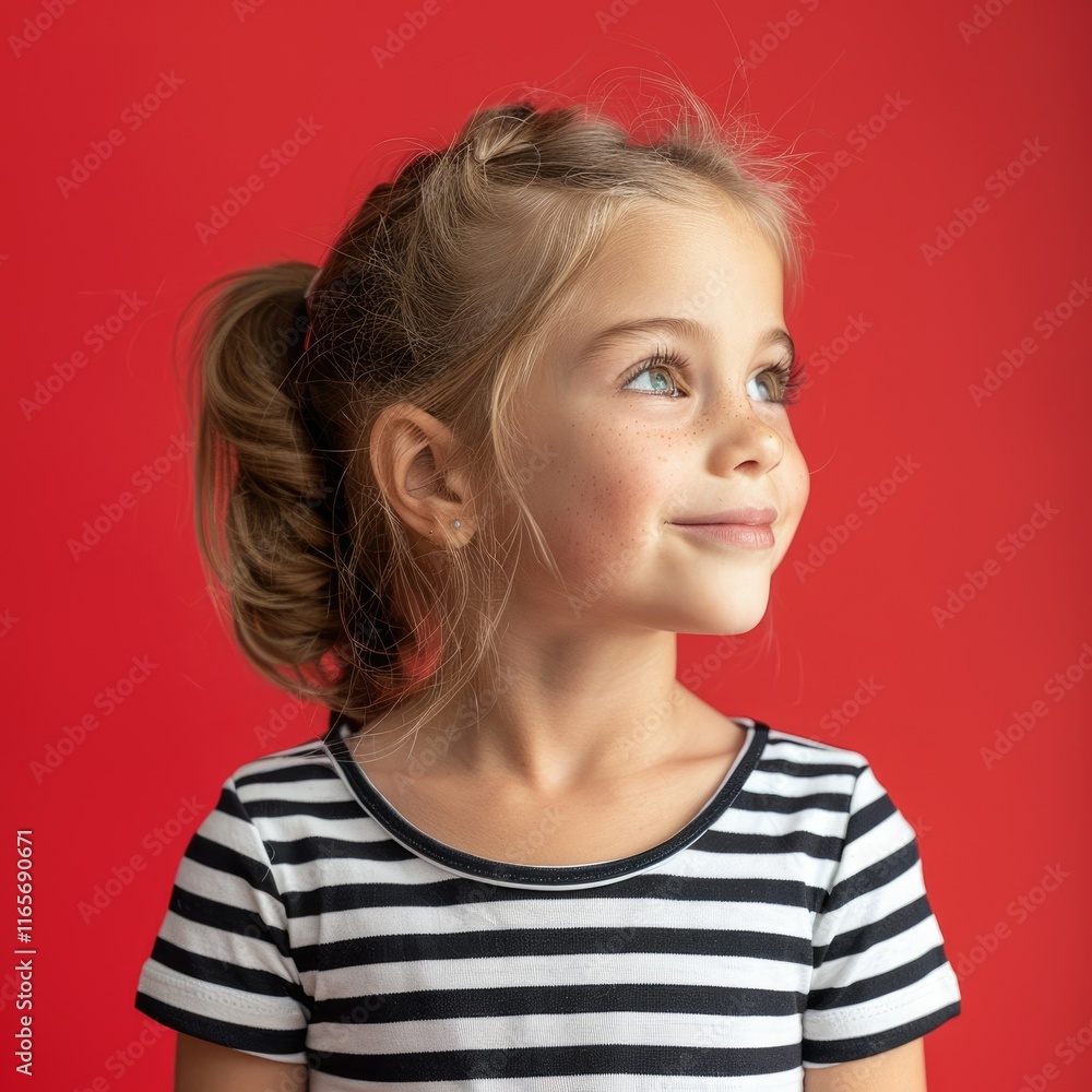 A cute girl with freckles and blonde hair in a ponytail, wearing a ...