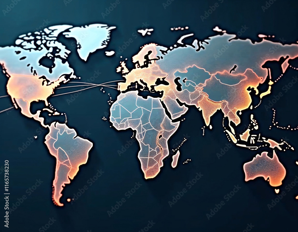 Map of the world highlighting major regions with glowing borders and connecting lines ...