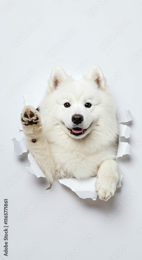 Majestic Samoyed Dog Peeking Through Torn Paper - Fluffy White Spitz ...