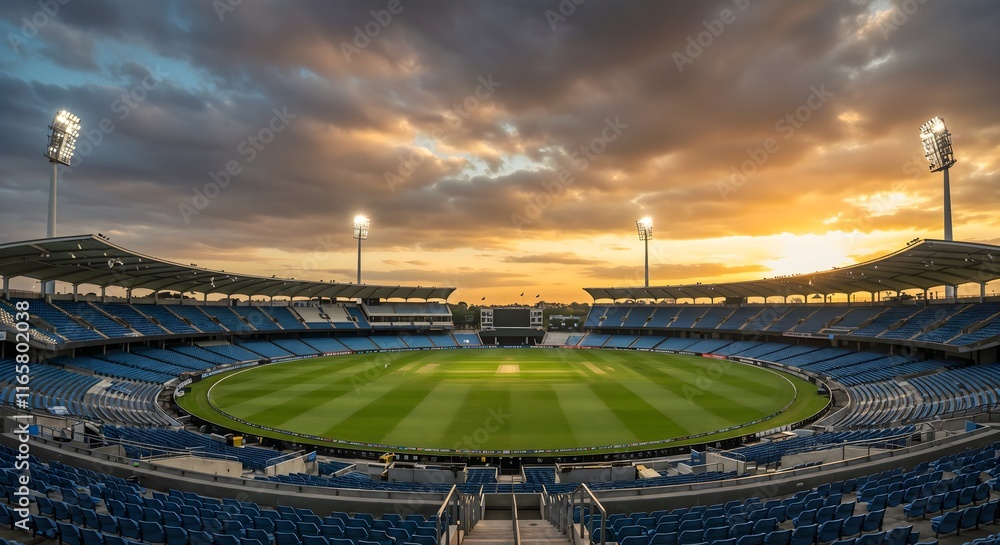 "A beautiful empty cricket stadium featuring glowing floodlights, a ...