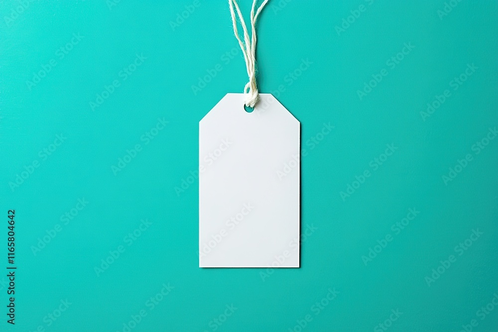 Blank white tag hanging against a teal background. Perfect for adding ...