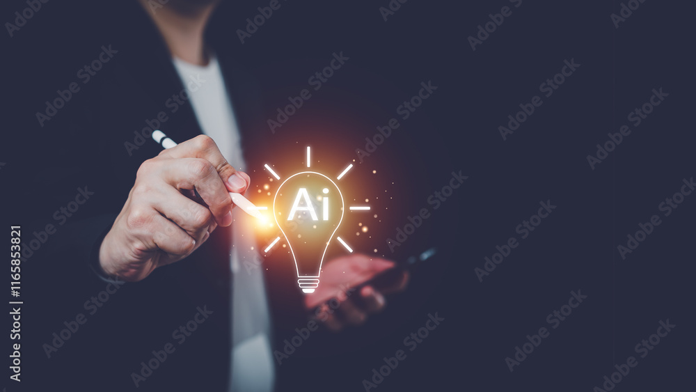Businessman using pen to touch virtual light bulb to connect Ai ...