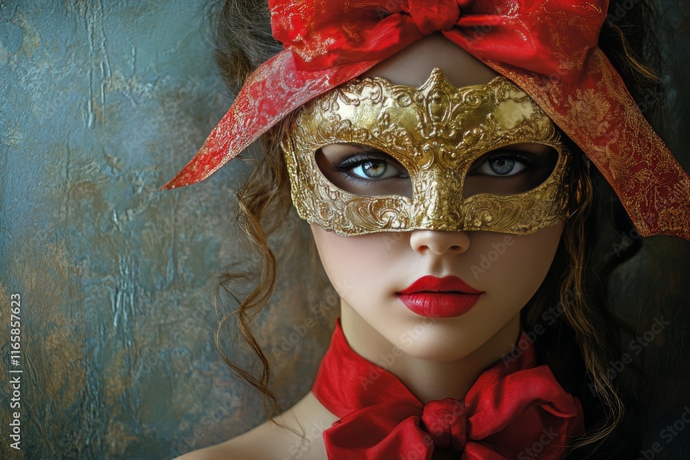 Elegant woman wearing a golden mask with a red ribbon in a vintage ...