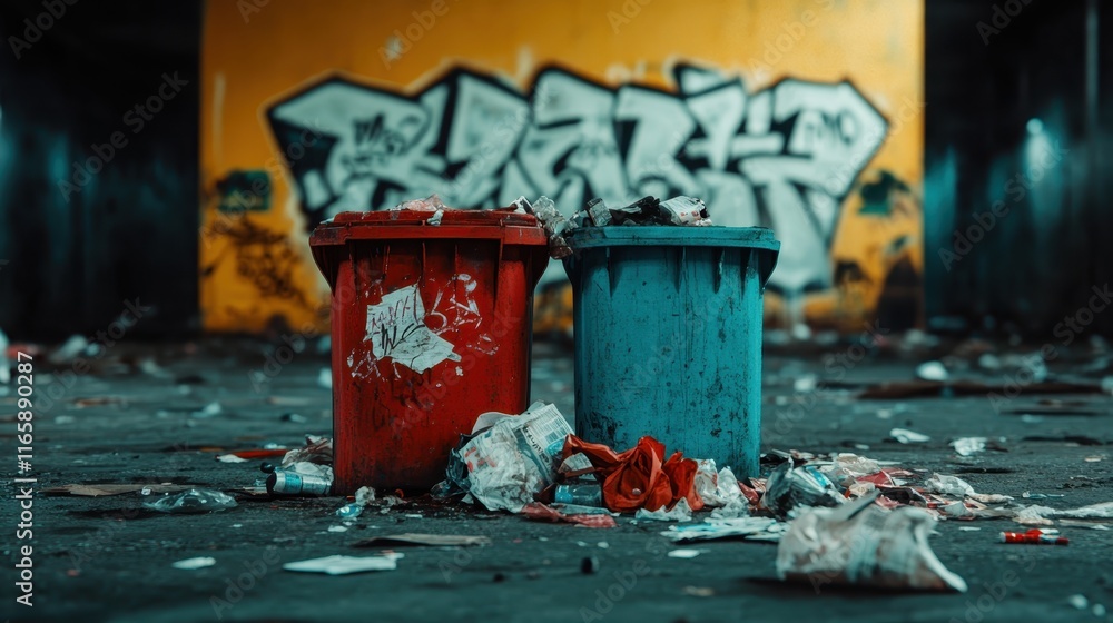 Vibrantly colored trash bins standing out against a graffiti-laden wall ...