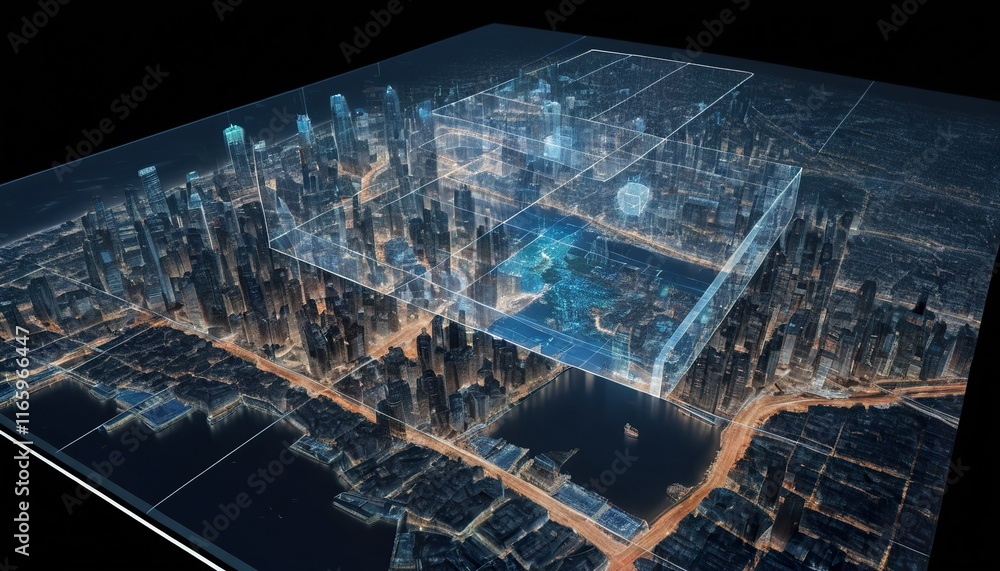 Night city skyline 3D model with grid overlay showing urban planning ...