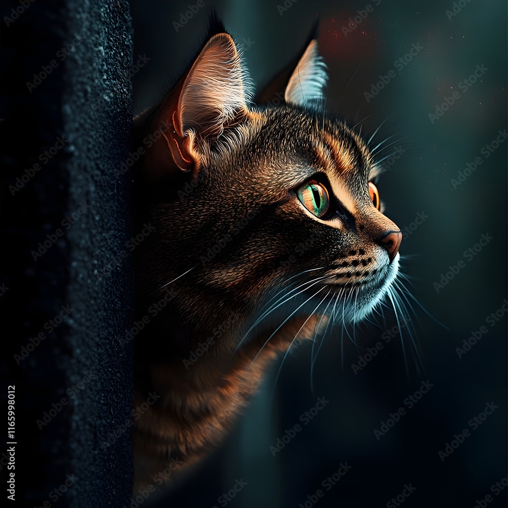 Alley cat guards its territory lithe feline form slinking through moody ...