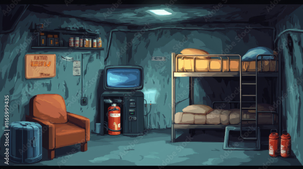 Ilustración de Stock Bunker basement room interior. Vector cartoon ...