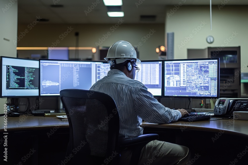 Engineer monitors system performance at a control center during late ...