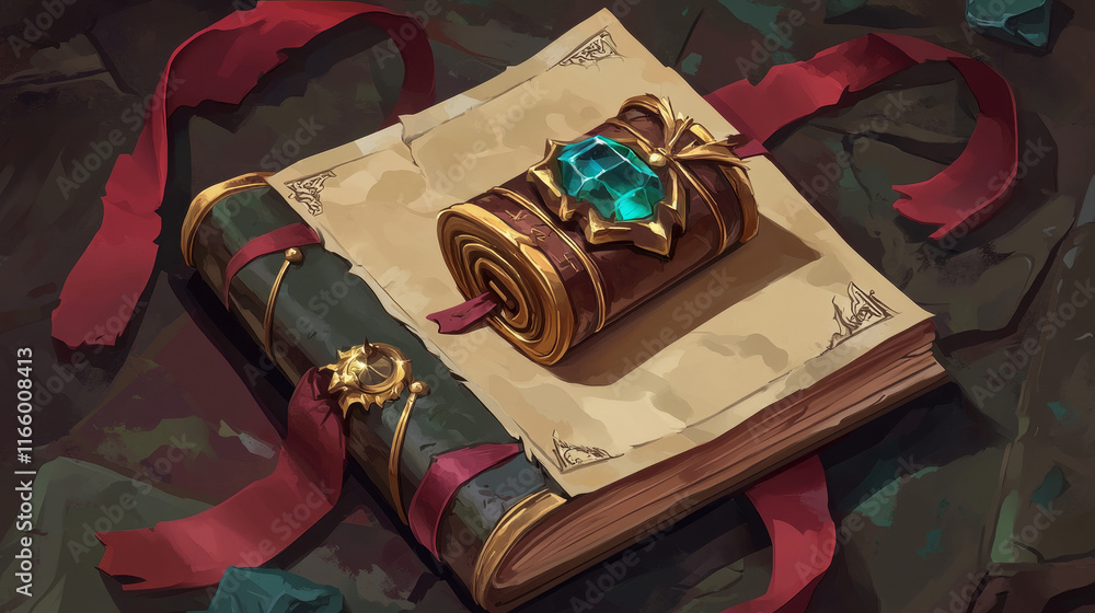 Old magic book with fantasy hardcover and parchment scroll for game ui ...