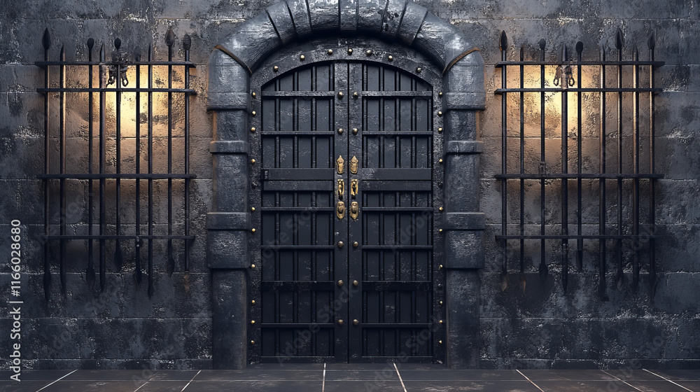 Prison cage with locked door, jail cell wall with black metal bars ...