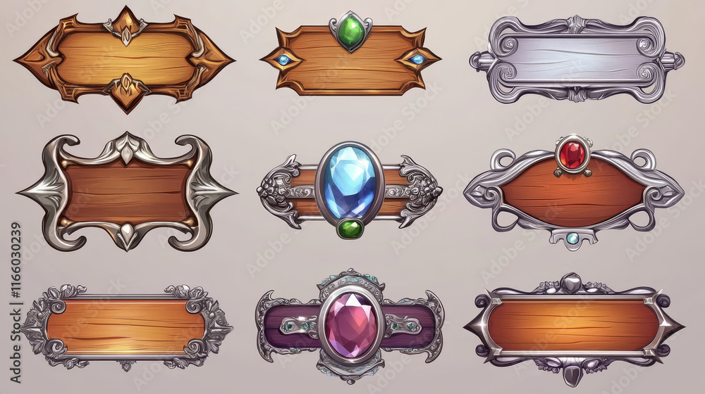 Medieval game rank frames set isolated on background. Vector cartoon ...