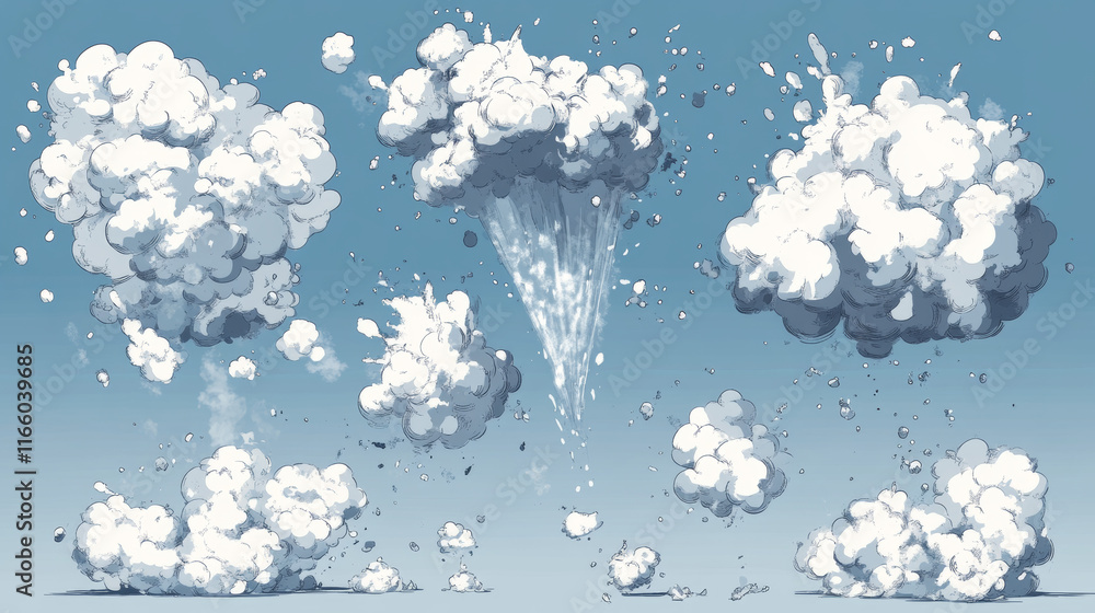 Stock-Illustration „Smoke explode animation sprite sheet. Cartoon clouds, steam vfx explosion ...