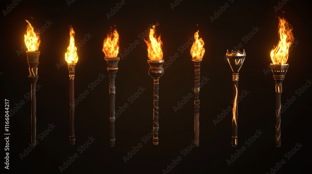 Different shape torch ready to use, burning with fire and extinguished ...