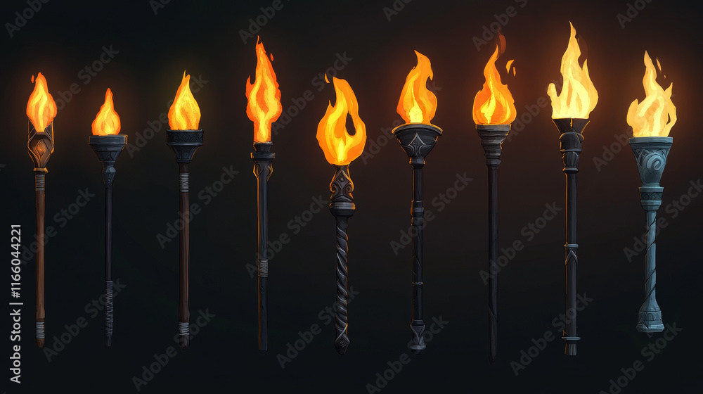 Different shape torch ready to use, burning with fire and extinguished ...