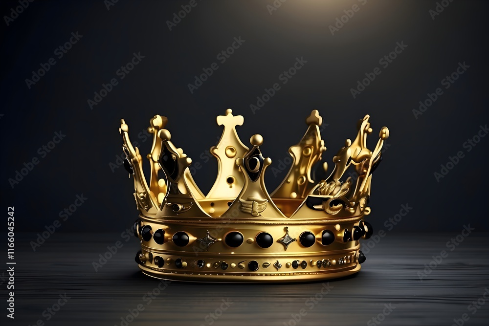 Round, narrow and small 3D gold and black crown, dark black background ...