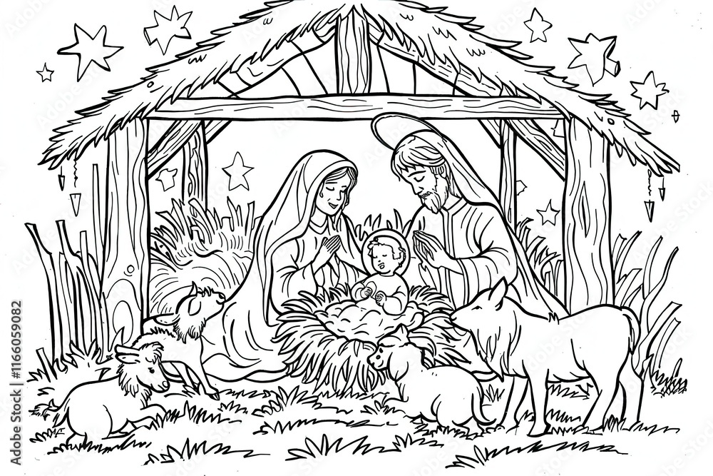 Nativity scene with Mary, Joseph, baby Jesus, and animals in a stable ...