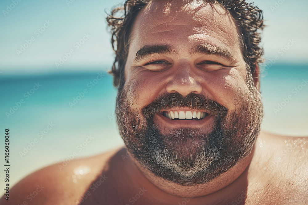 Overweight man with a beard and a big smile is standing on a beach. He ...