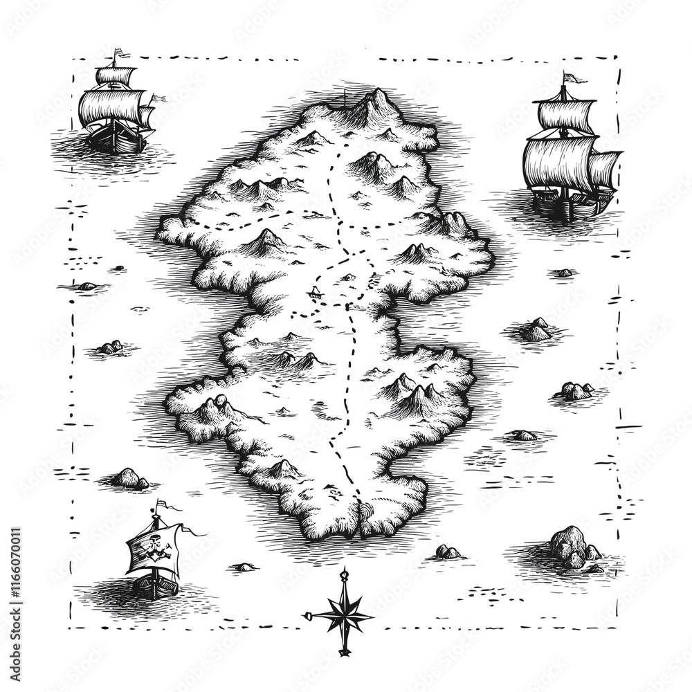 Treasure Island Map: A classic, hand-drawn treasure map with ships, a ...