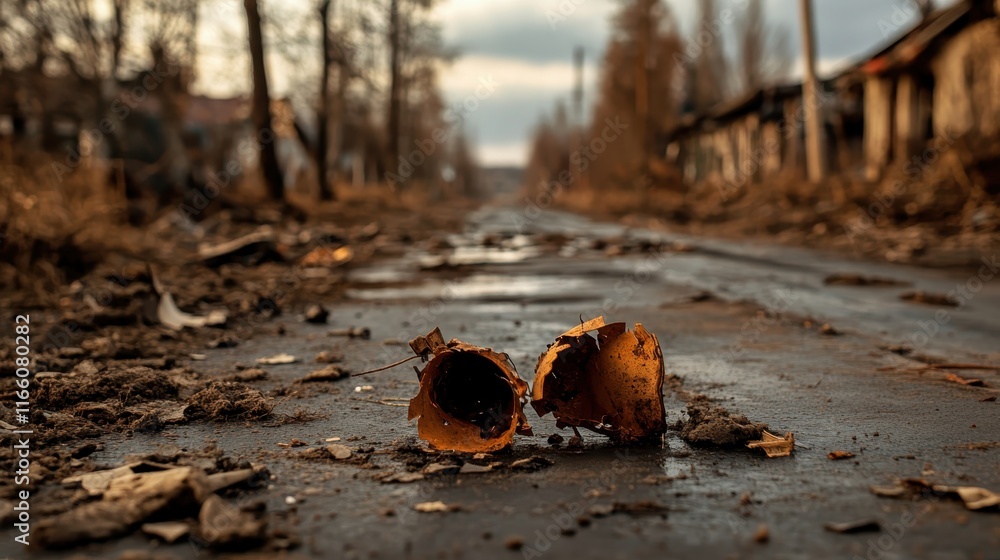 The photograph depicts shattered remnants of a once-thriving area ...