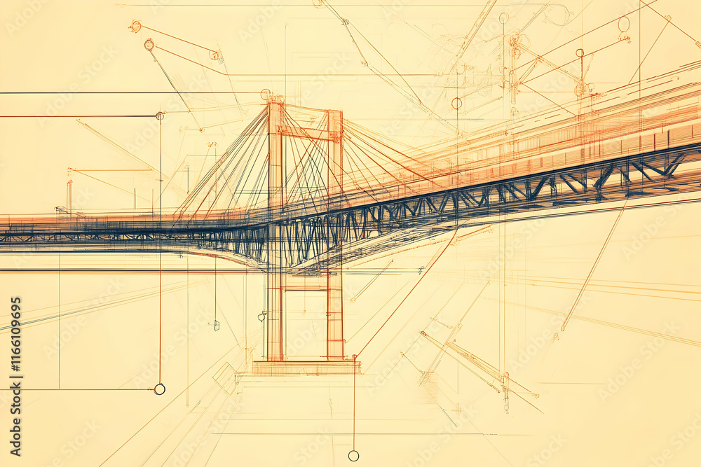 Vector graphic of a bridge design with structural details and ...