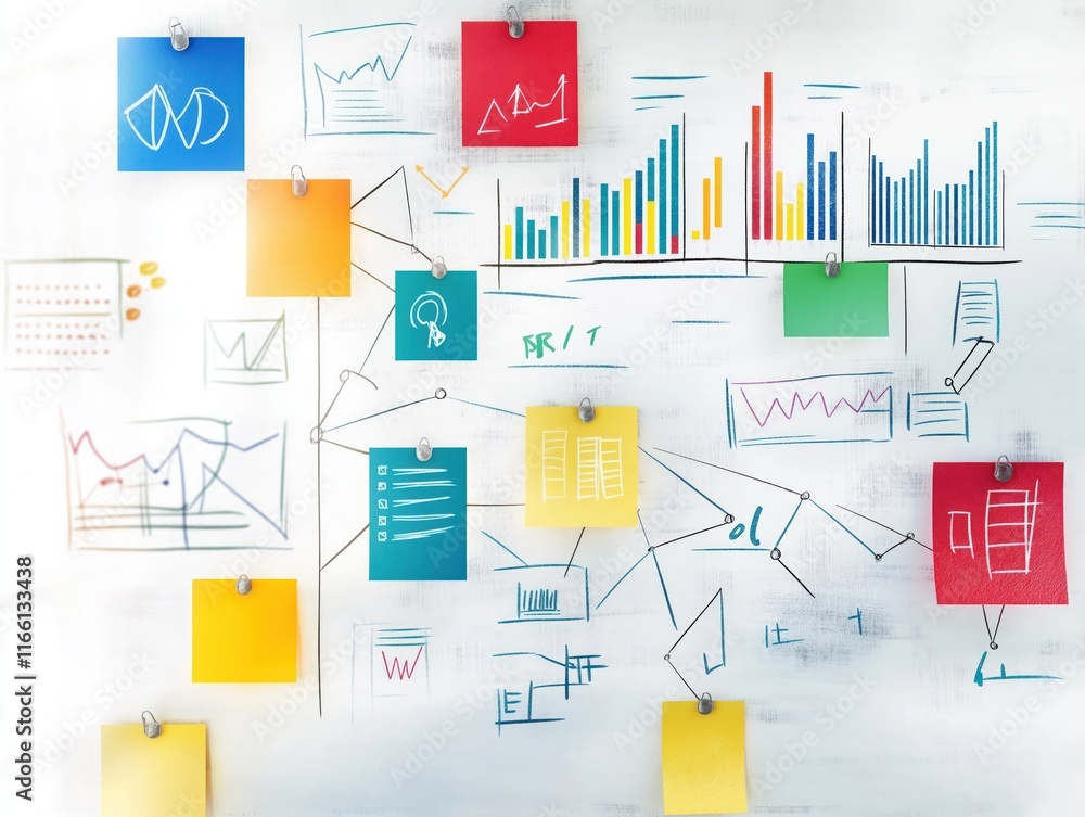 Colorful sticky notes, diagrams on whiteboard show comprehensive ...