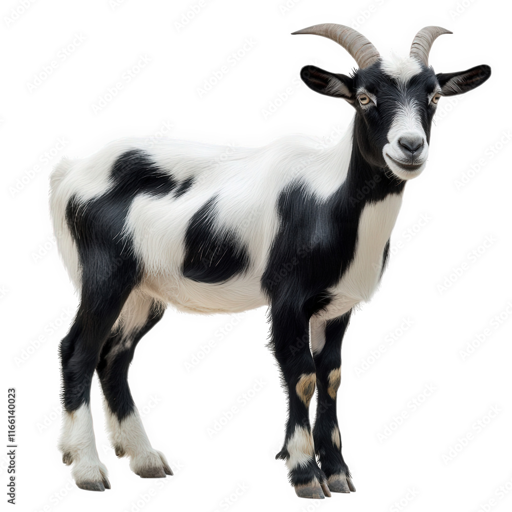 black and white goat with distinct markings. standing upright against a ...