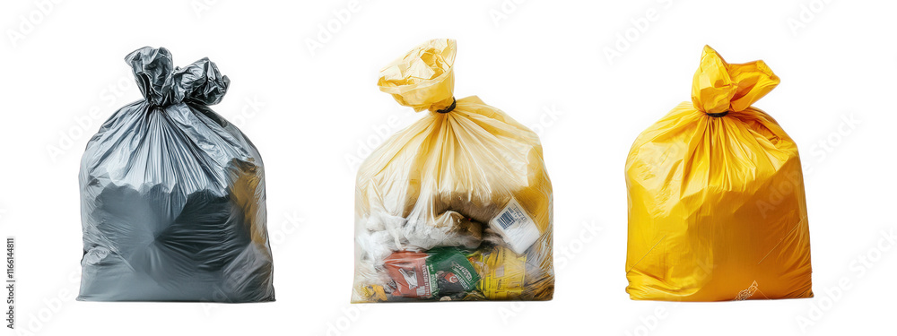three garbage bags in different colors?black. yellow. and transparent ...