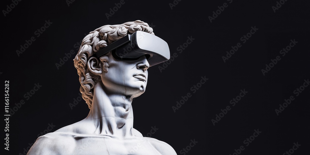 Marble statue of David wearing VR headset. Ancient sculpture meets ...