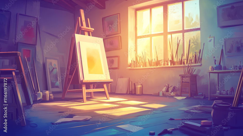 Art studio, artist room with canvas and brushes on easel. Vector ...