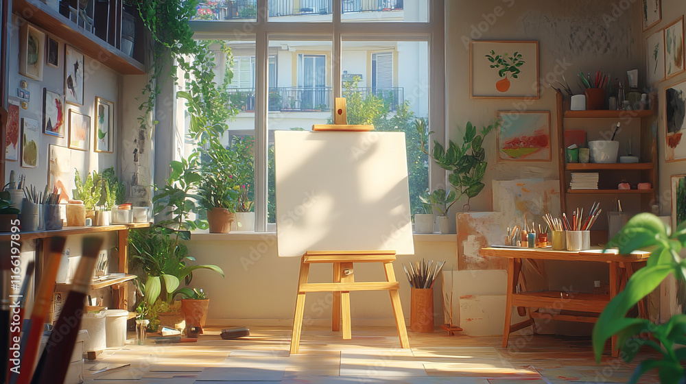Art studio, artist room with canvas and brushes on easel. Vector ...