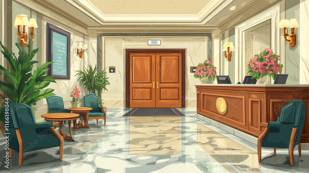 Стоковая иллюстрация «Luxury hotel lobby with reception desk, table ...