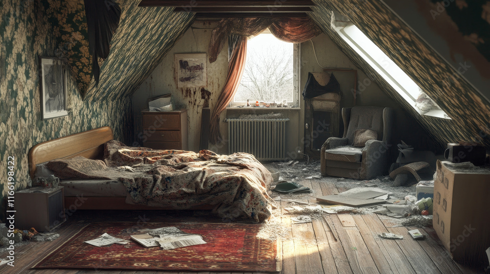 Old dirty girl bedroom on attic. Vector cartoon interior of mansard ...