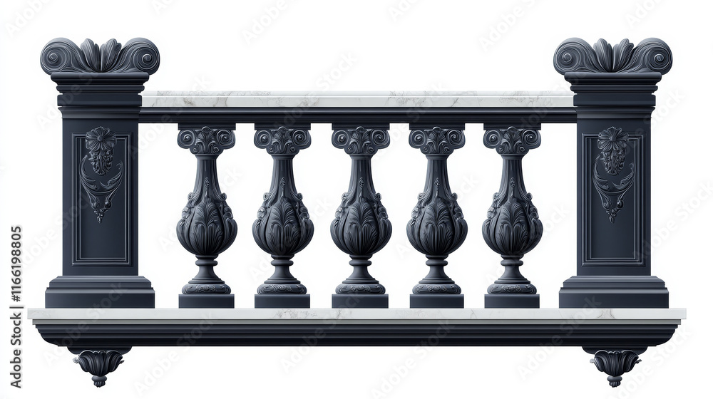 3d black balcony balustrade with roman stone pillar. Palace porch fence ...