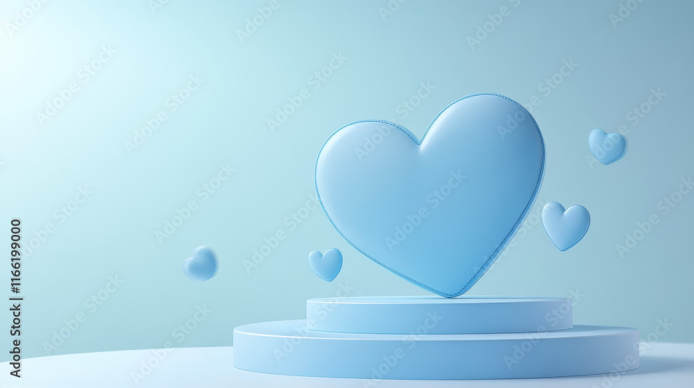 Blue heart shape two steps product podium mockup with floating romance ...